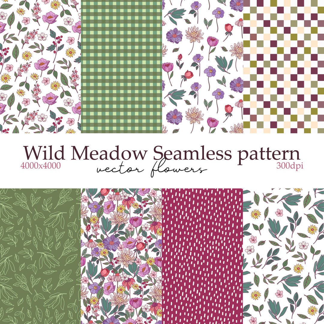 Wild Meadow Seamless Patterns Set – Floral Vector Flowers - Etsy