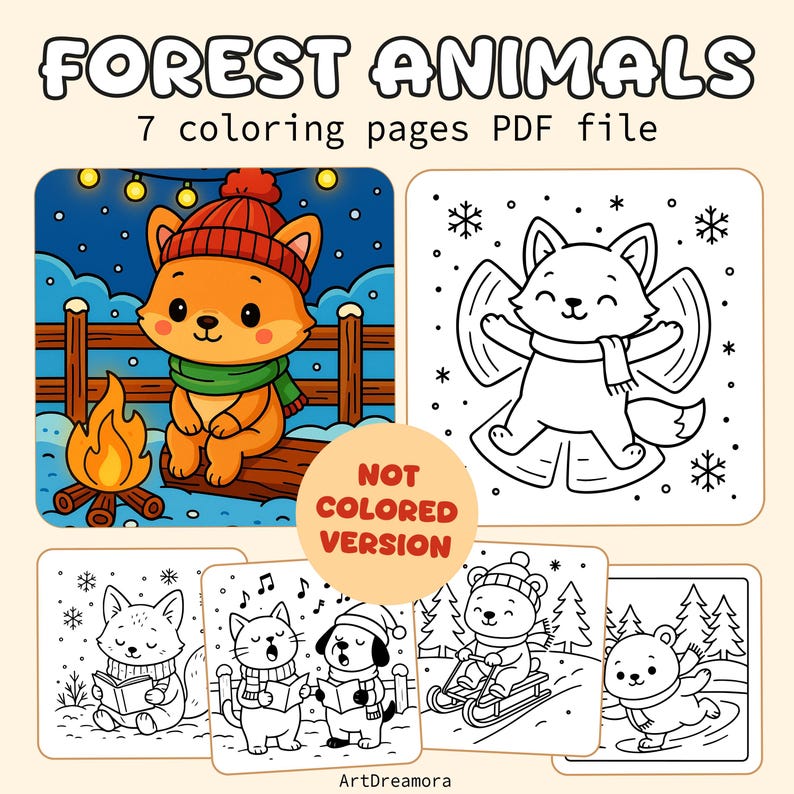 Kawaii Winter Coloring Pages – 7 Cute Animals, Kids Printable Winter ...