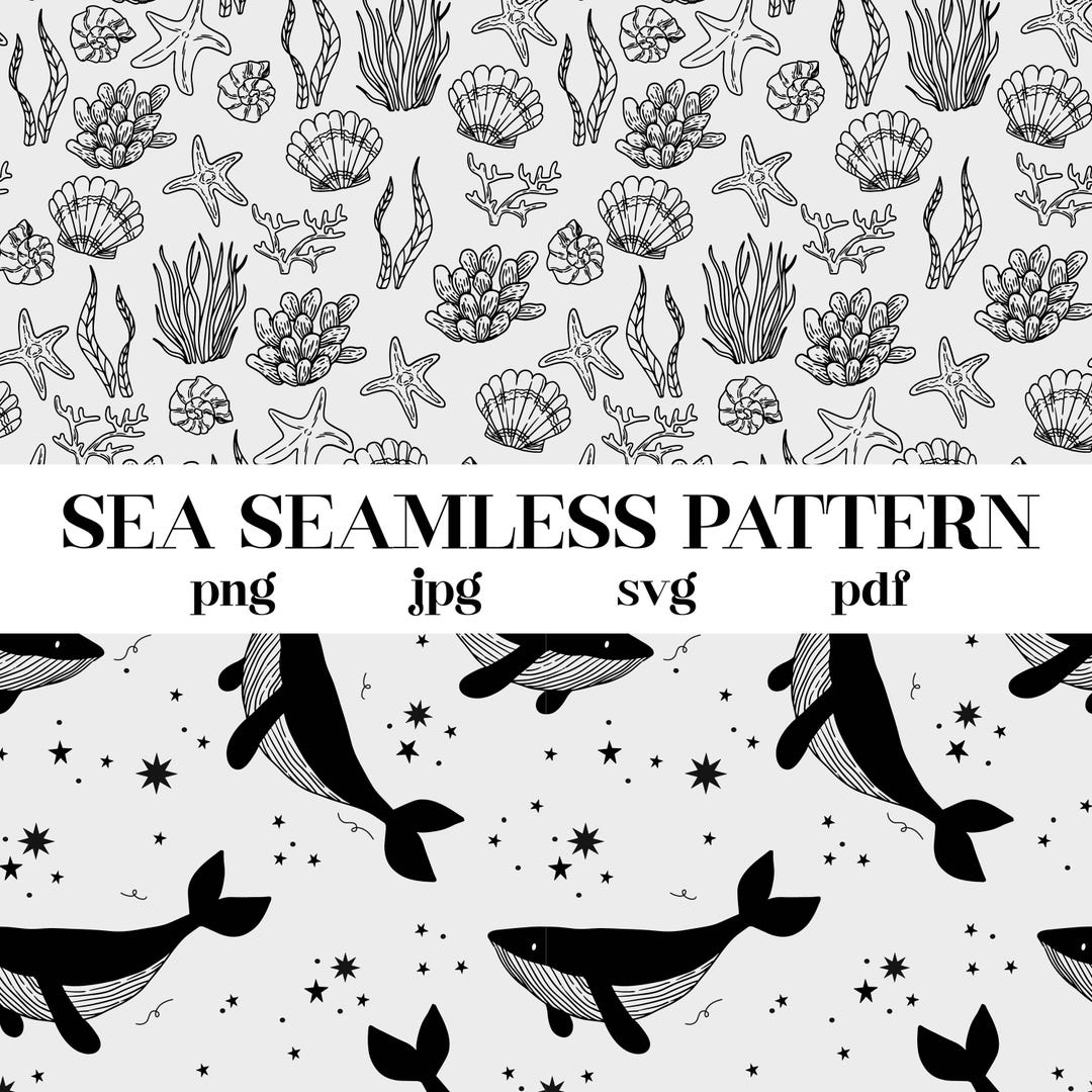 Ocean World PNG Outline Seamless Pattern Sea Print Shells Sea Jpg Whale ...