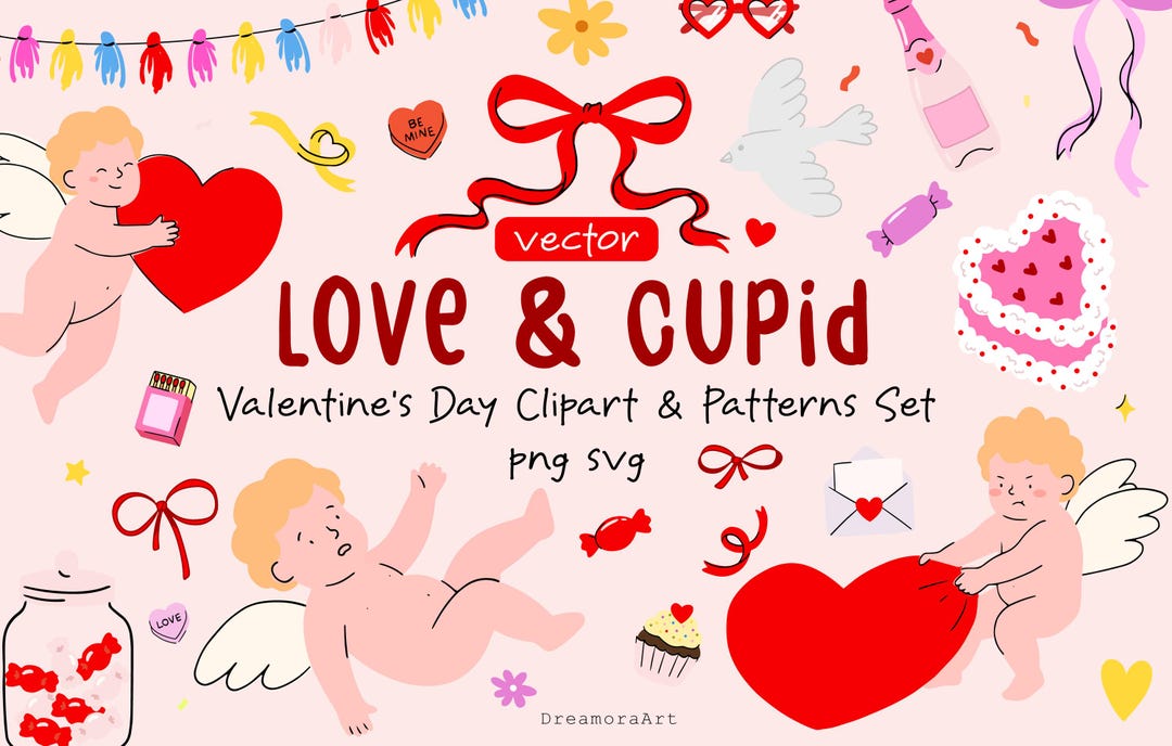 Cute Cupid Clipart Bundle, Valentine’s Day Graphics, Love Elements ...