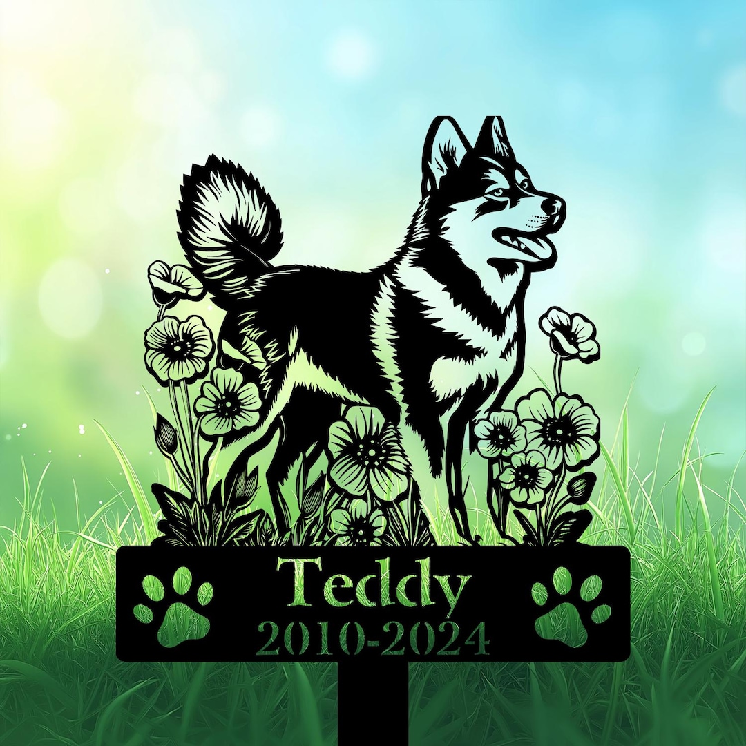 Personalized Husky Grave Marker, Husky With Poppy Flowers Memorial ...