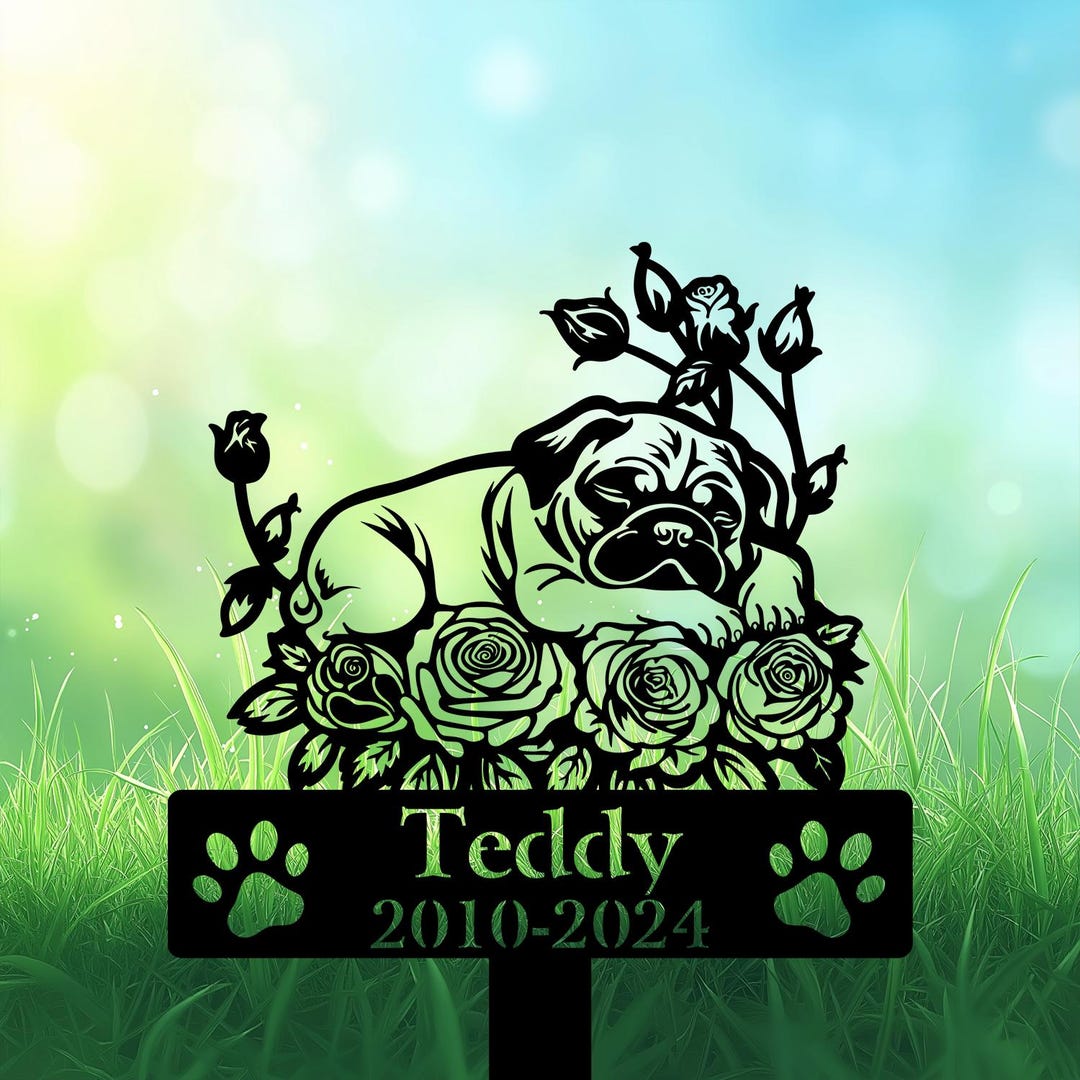 Personalized Pug Grave Marker, Pug Sleeping on Rose Flowers Memorial ...
