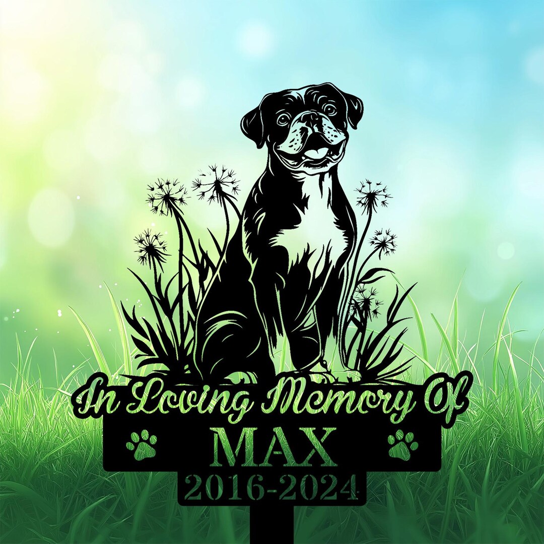 Personalized Boxer Grave Marker, Sitting Boxer With Dandelions Memorial ...