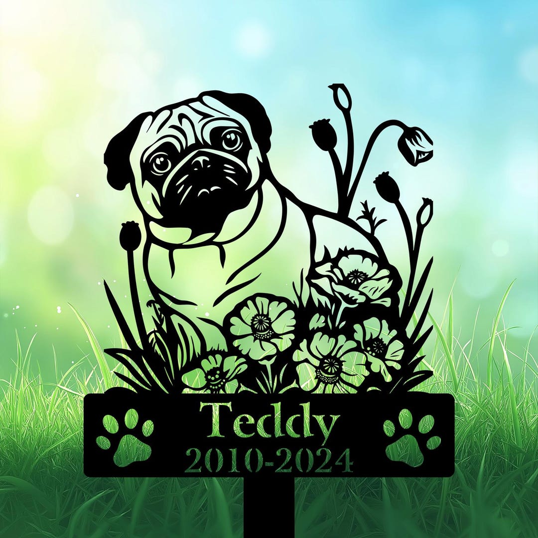Personalized Pug Grave Marker, Pug With Poppy Flowers Memorial Garden ...