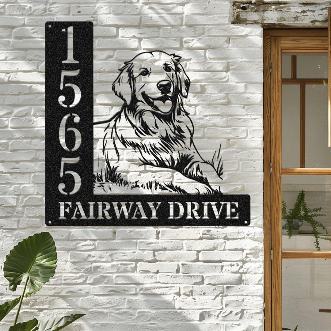Personalized Golden Retriever House Number Sign, Custom Dog Lying ...
