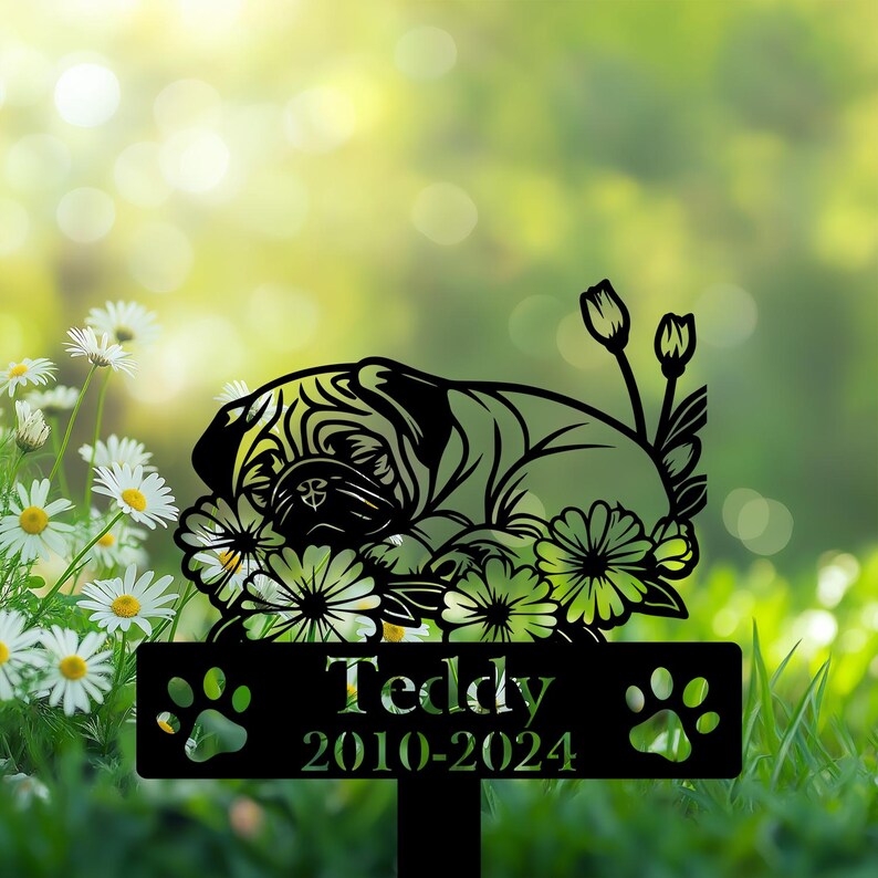 Personalized Pug Grave Marker, Pug Sleeping on Flowers Memorial Garden ...