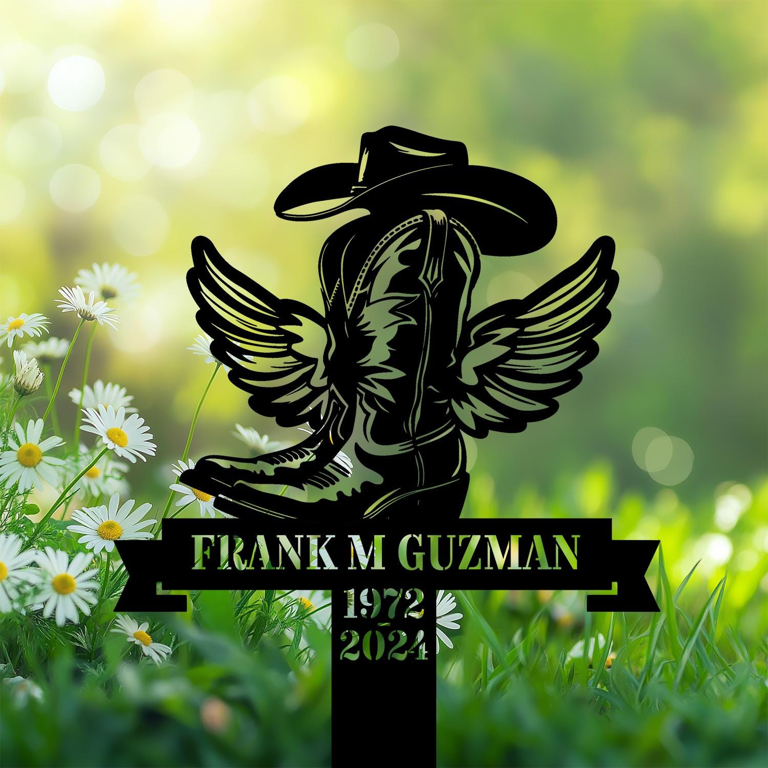 Personalized Vintage Cowboy Memorial Stake, Cowboy Boots Hat With Wings ...