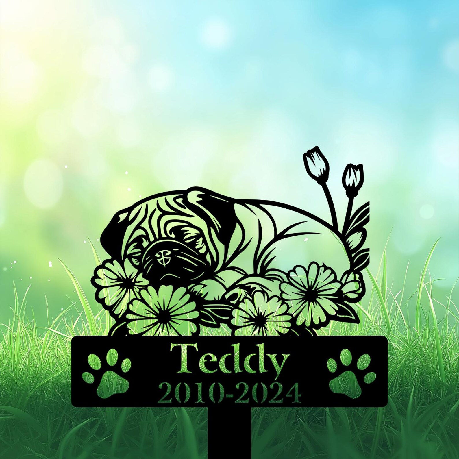Personalized Pug Grave Marker, Pug Sleeping on Flowers Memorial Garden ...