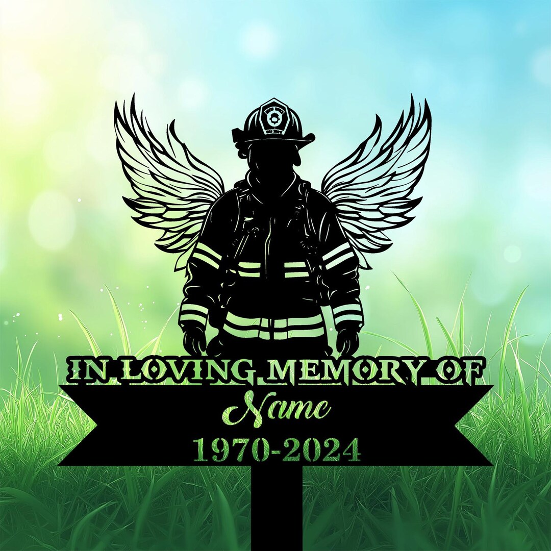 Personalized Firefighter Memorial Garden Stakes, Angel Fireman Grave ...