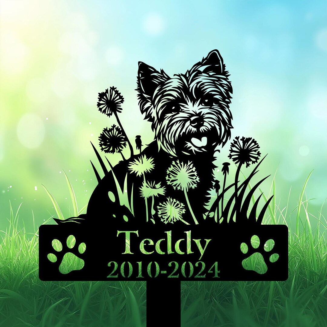 Personalized Yorkshire Terrier Grave Marker, Yorkie Dandelion Flowers ...