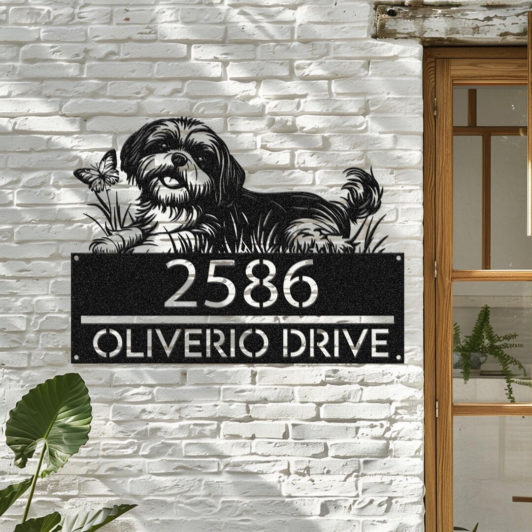 Personalized Shih Tzu House Number Sign, Custom Shih Tzu Lying on Grass ...