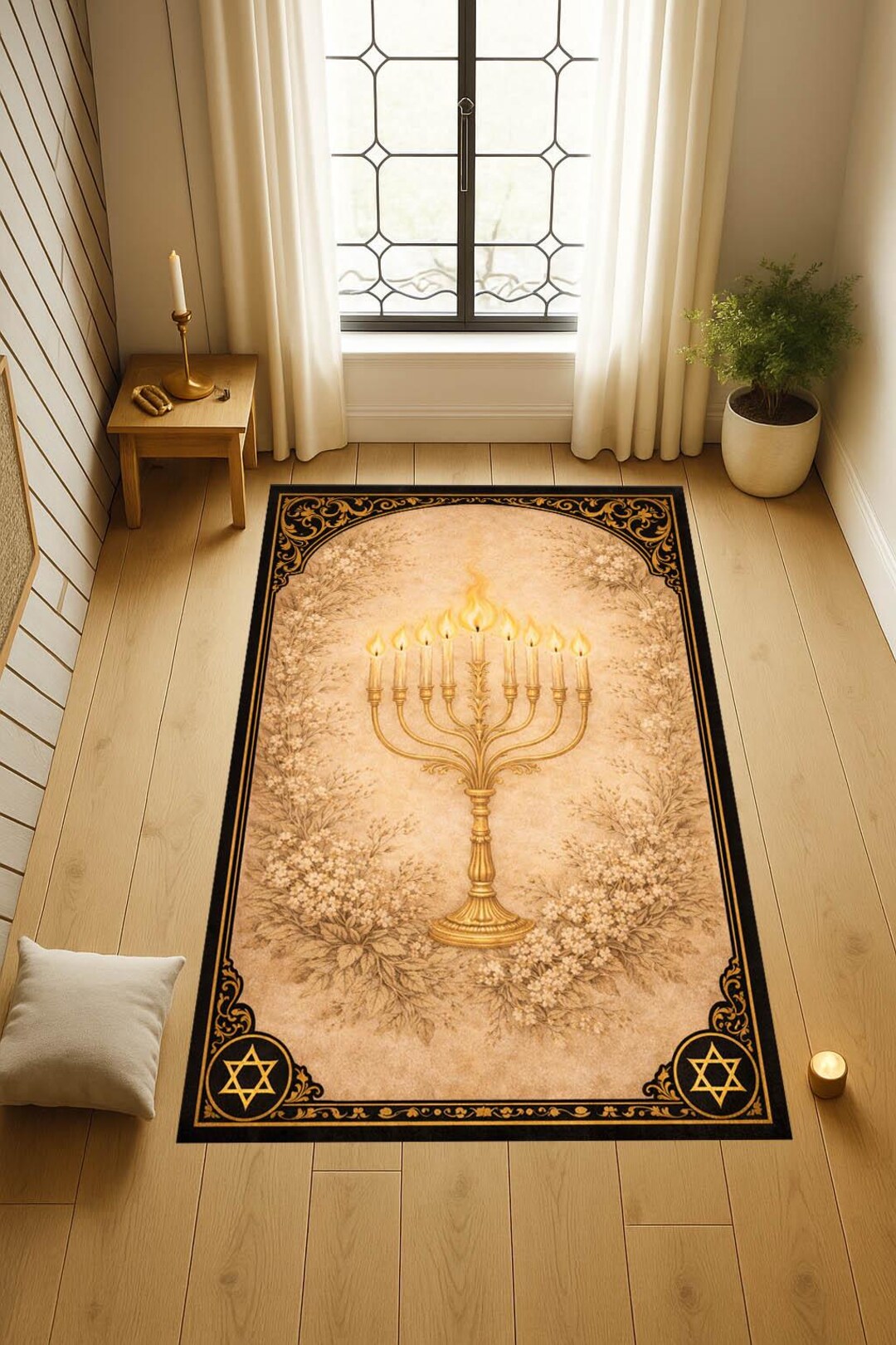 Jewish Menorah Prayer Mat, Star of David Tallit Style Rug, Beige & Gold ...