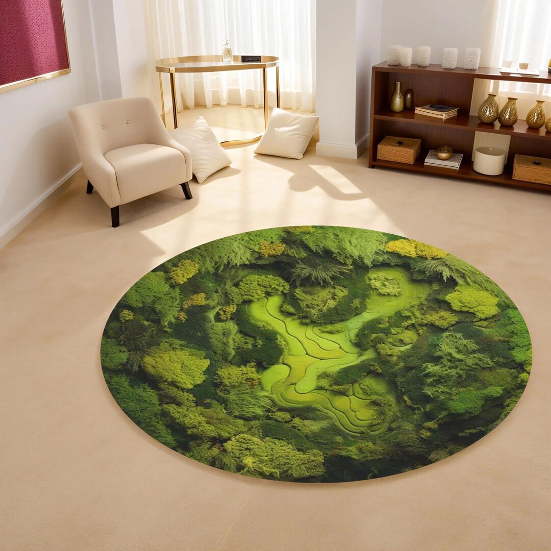 Green Printed Moss 5ft Round Rug, Mossy Print Mountain Landscape Fluffy ...