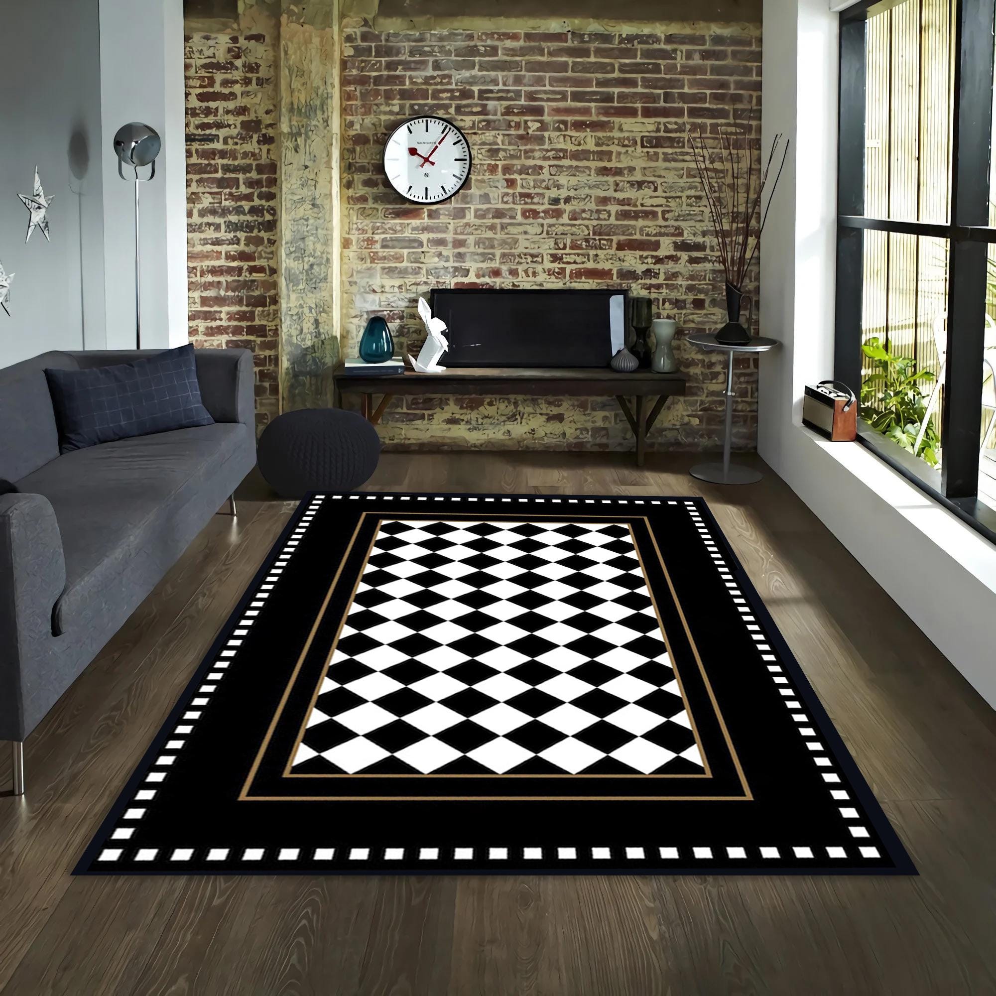 Checkered Rug, Black Border on Check Pattern Nonslip Area Rug, Black ...