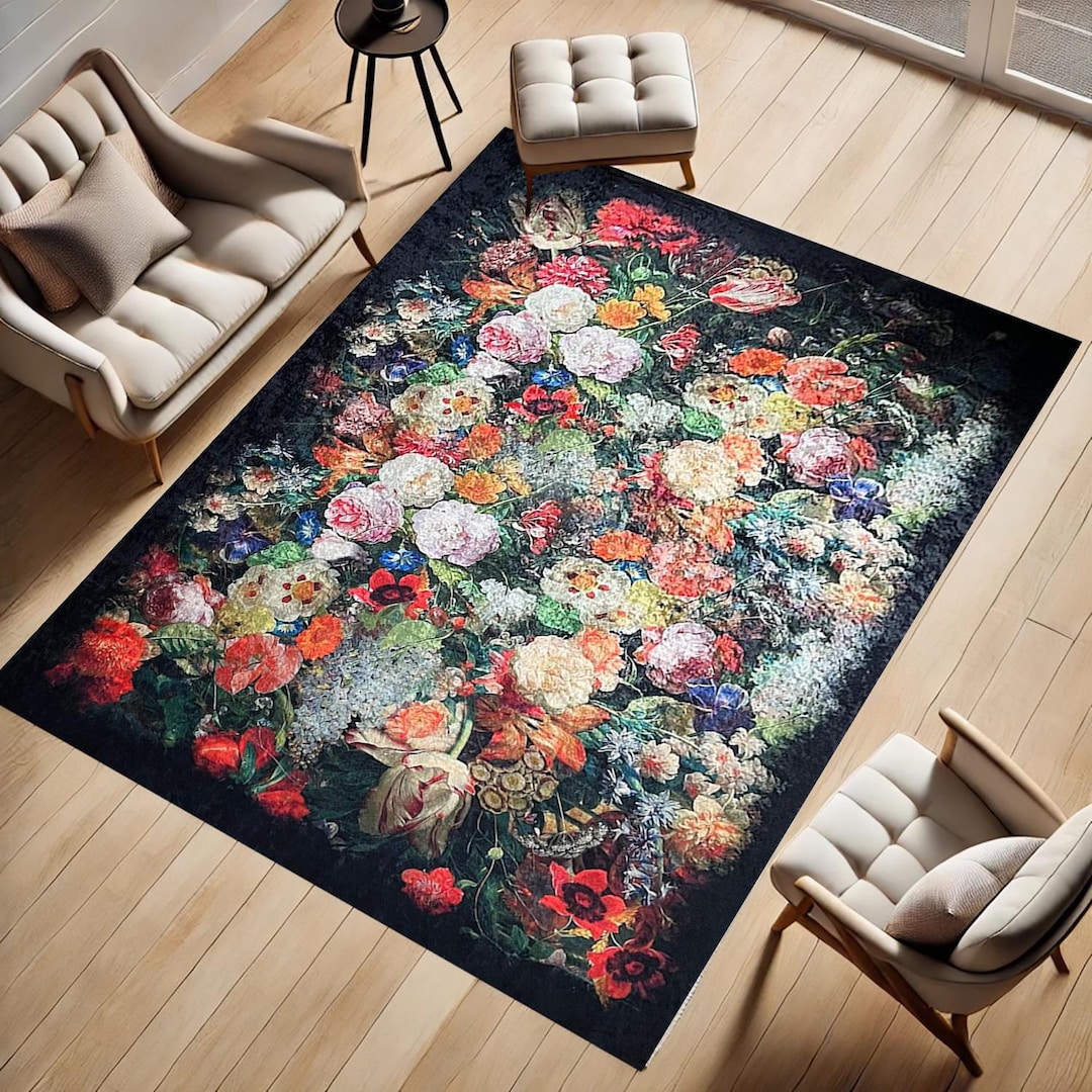 Vintage Inspired Red-black Rug With Floral Medallion,romantic Persian ...