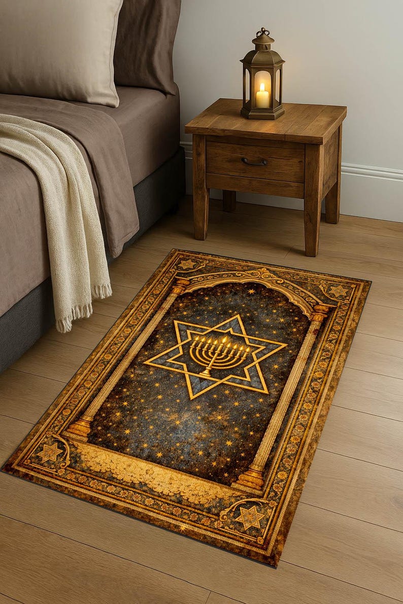 Jewish Menorah Prayer Mat, Star of David Tallit Style Rug, Blue & Gold ...