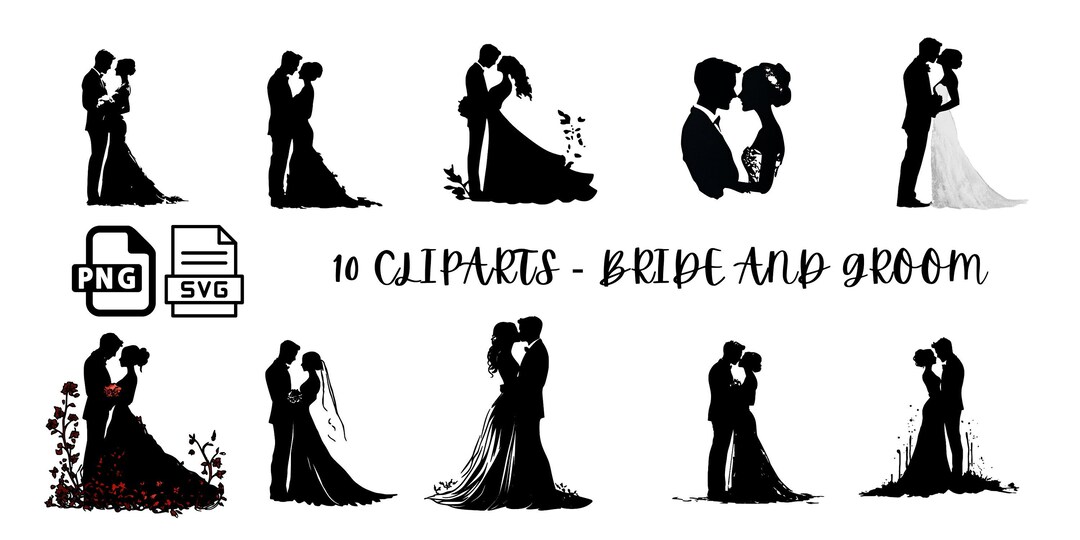 Set of 10 Bride and Groom Silhouettes Clipart | Wedding Silhouettes PNG ...