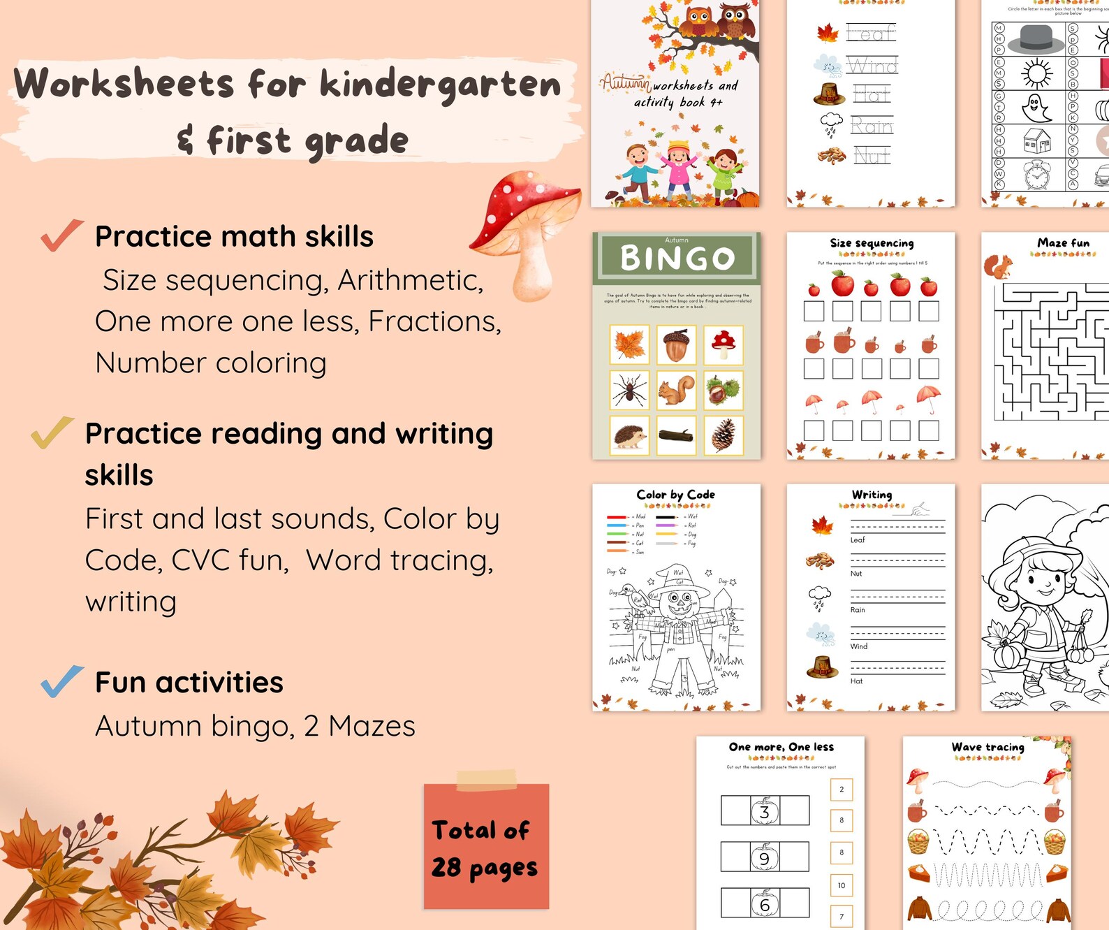 28 Pages Fall Worksheets & Activity Book for Kindergarten and First ...