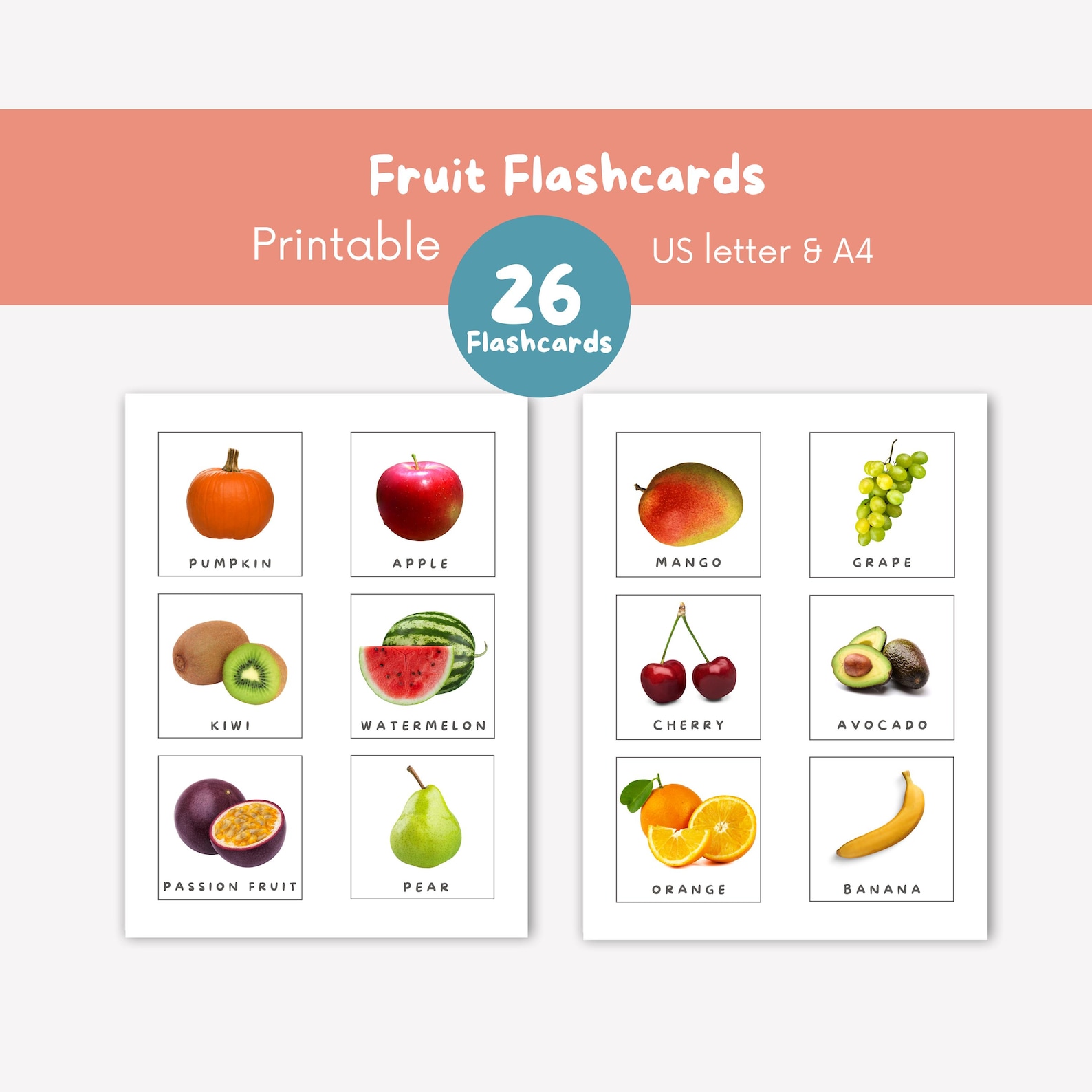 26 Printable Fruit Flashcards | Montessori Flashcards | Flashcards for ...