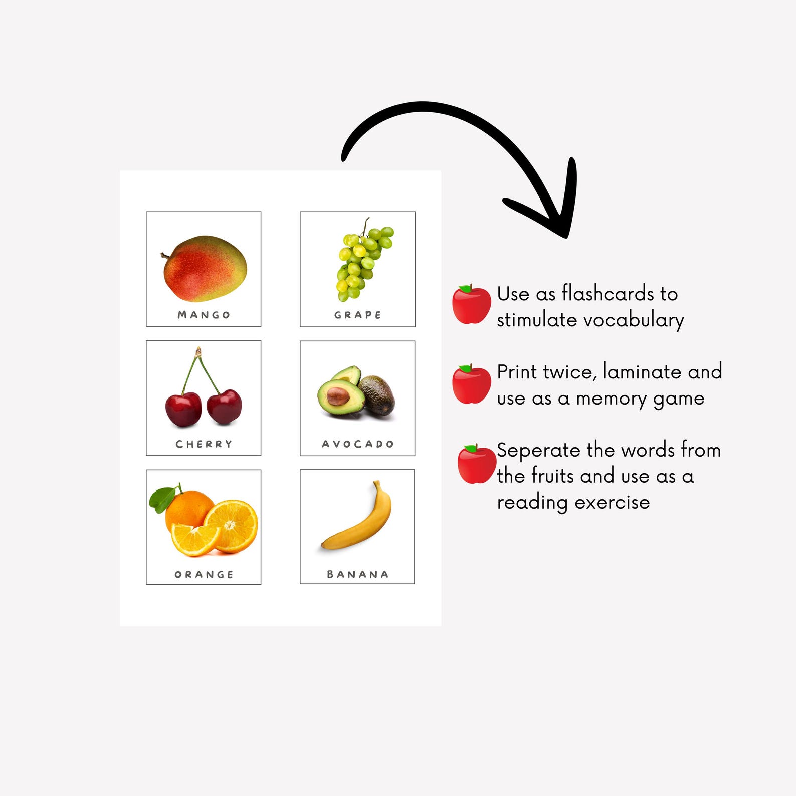 26 Printable Fruit Flashcards | Montessori Flashcards | Flashcards for ...