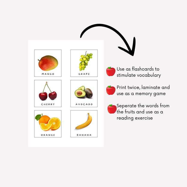 26 Printable Fruit Flashcards | Montessori Flashcards | Flashcards for ...