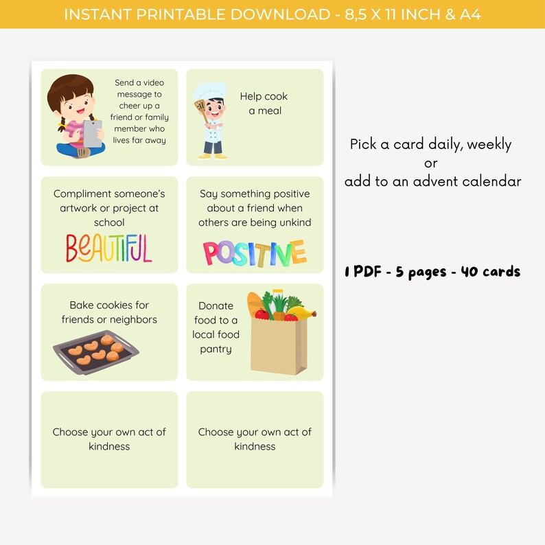 40 Kindness Cards | Good Deeds Flashcards | Act of Kindness Challenge ...
