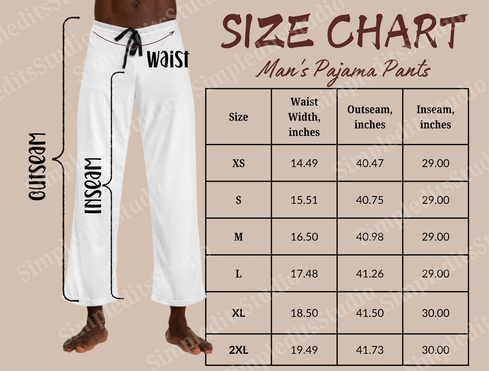 Printify Men’s Pajama Pants (AOP) Size Chart, Men’s Pajama Pants Mockup ...