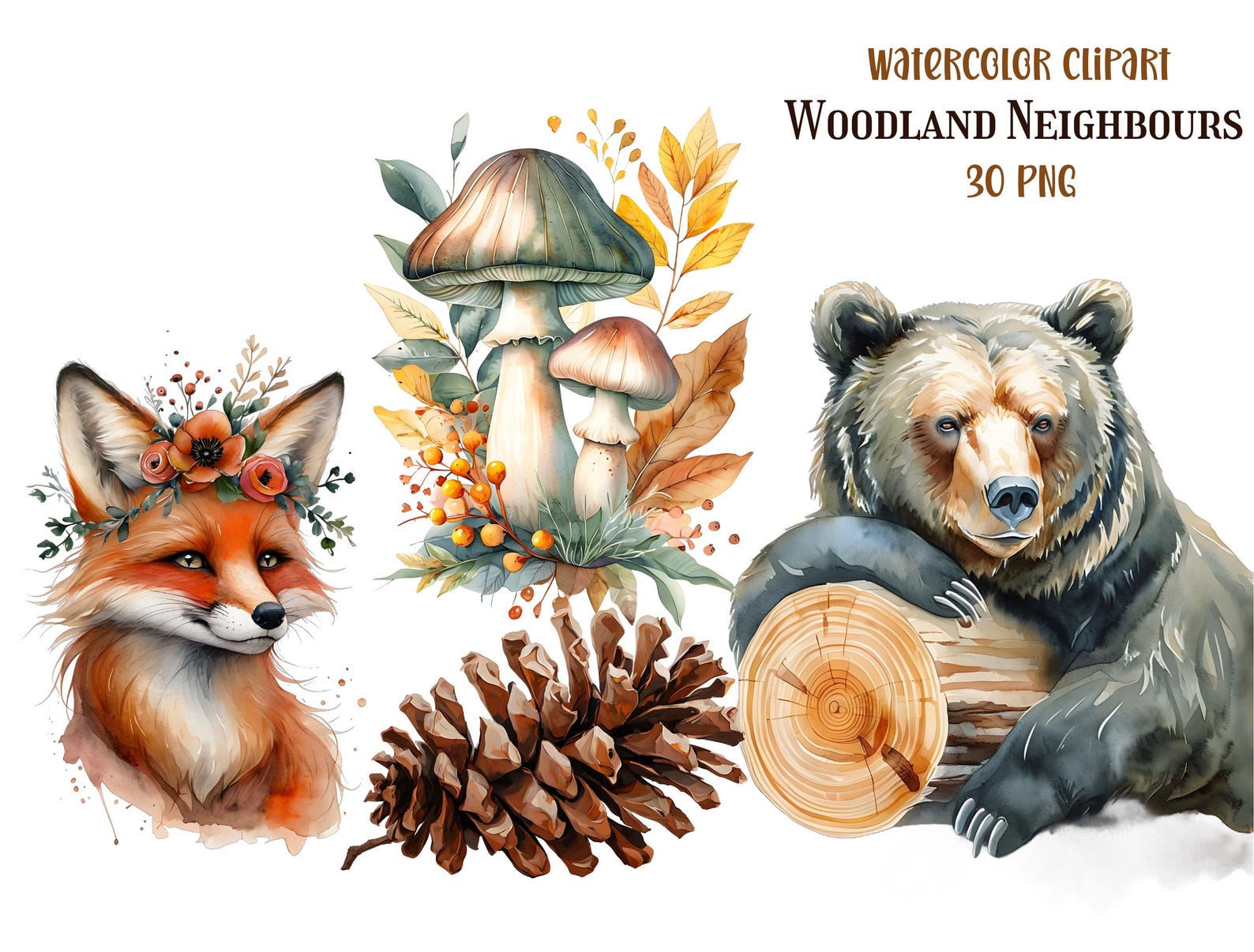 Woodland Animals Watercolor Clipart, Fall Clipart, Clipart Bundle ...