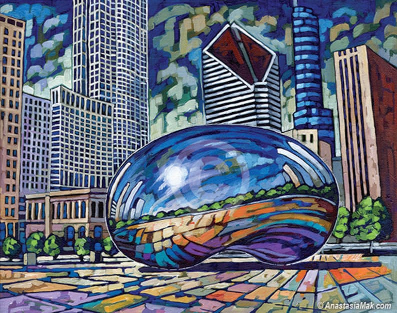 Chicago Bean, Chicago Print, Summer Bean, Chicago Landmark, Downtown ...