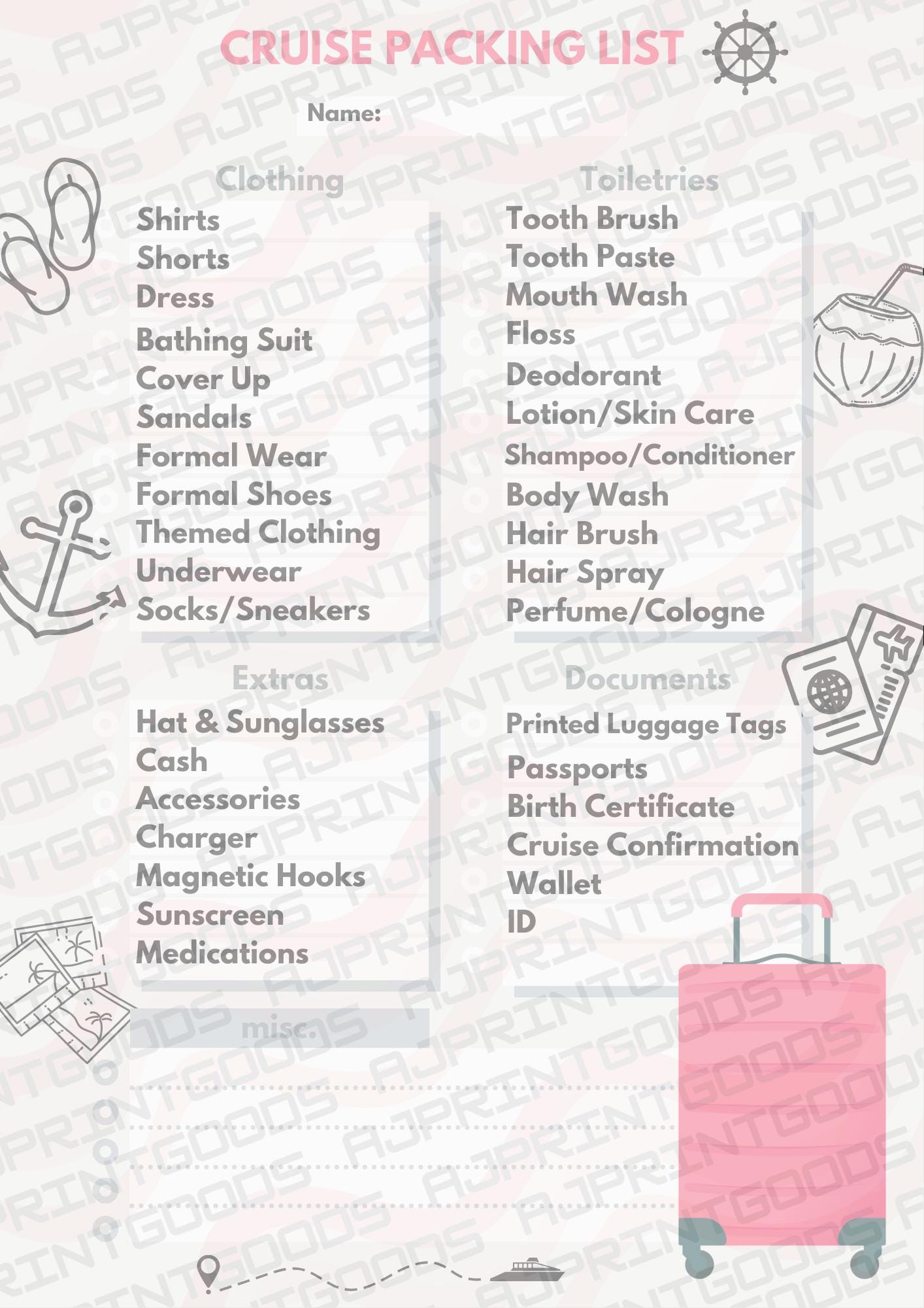 Cruise Packing Check List Printable Editable Essential Packing Summer ...