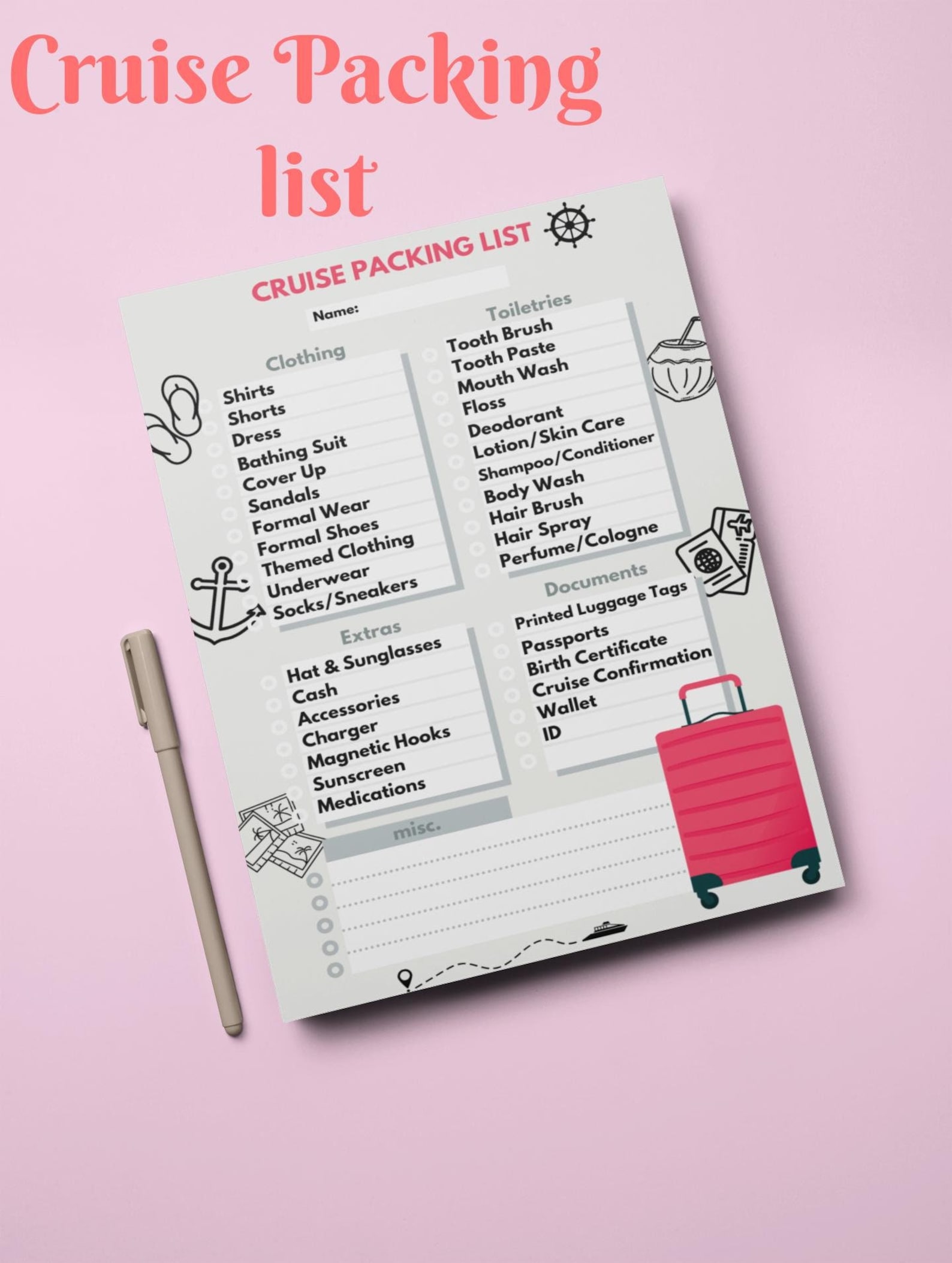 Cruise Packing Check List Printable Editable Essential Packing Summer ...