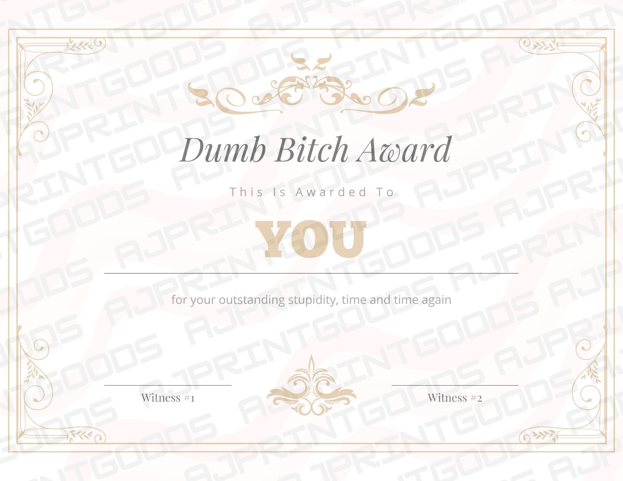 Dumb Bitch Award Printable Editable Gag Funny Joke Instant Download ...
