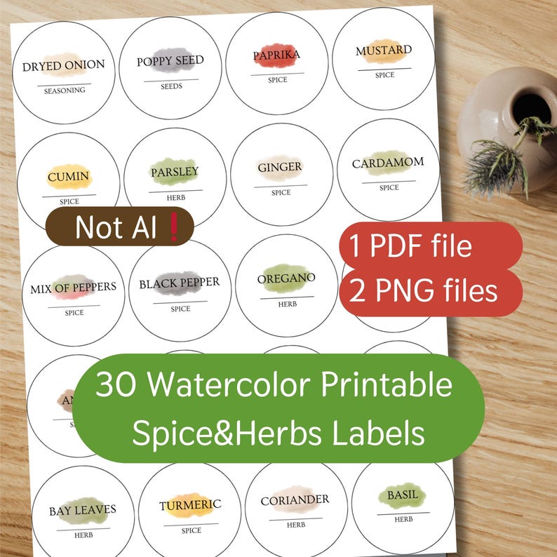Watercolor Spice and Herb Labels: 30 Printable Kitchen Stickers (PDF ...