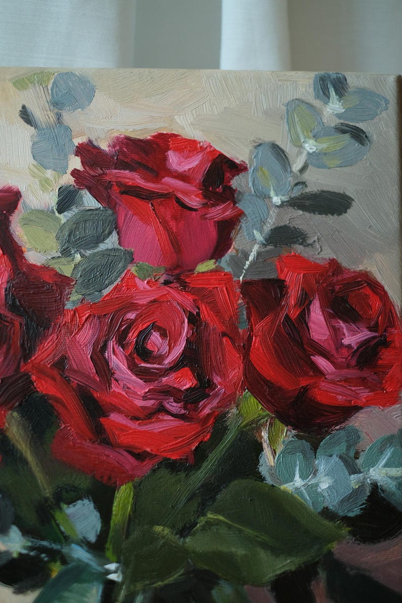 Very Red Roses, Original Oil Painting, Oil on Canvas, Romantic Gift ...