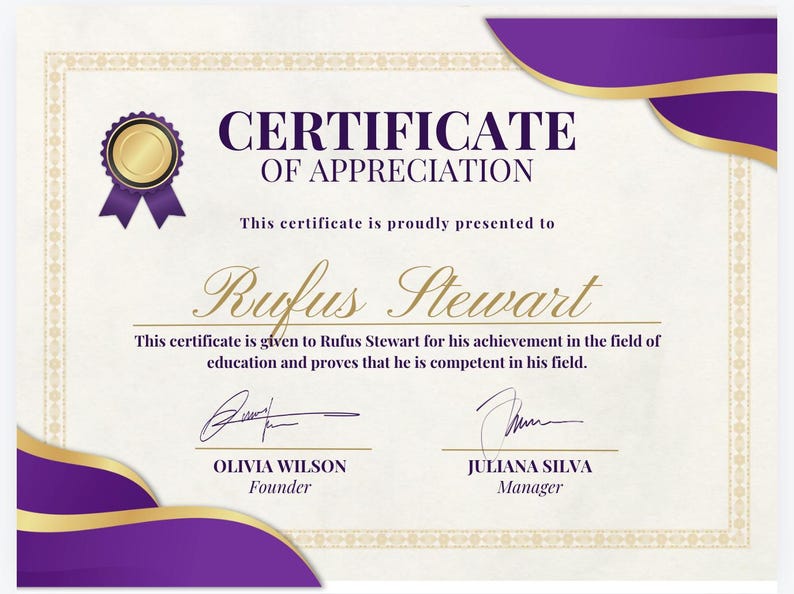 Purple and Gold Certificate of Appreciation, Award, Recognition - Etsy