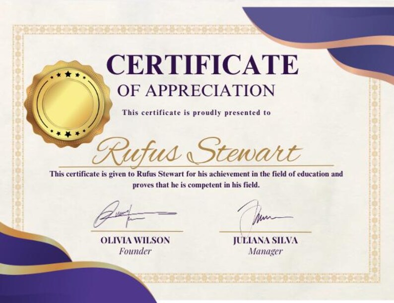 Purple and Gold Certificate of Appreciation, Award, Recognition - Etsy