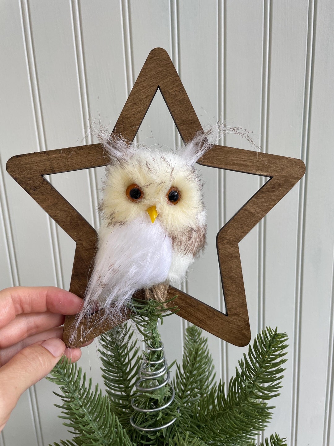 White and Tan Owl Tree Topper in Wood Star for Your Woodland or Nature ...