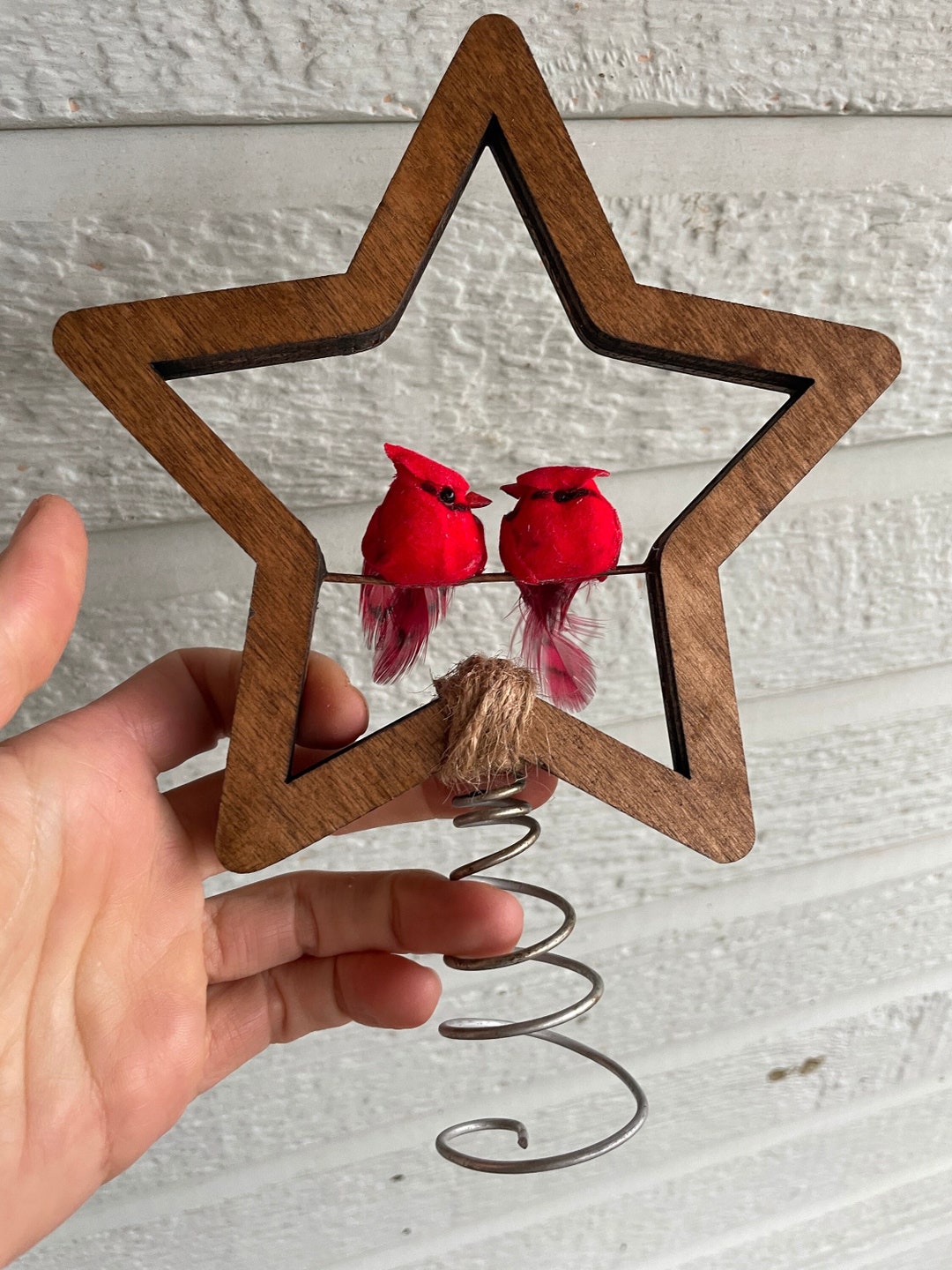 Two Little Cardinals Tree Topper With 6 Inch Wood Star Small Christmas ...