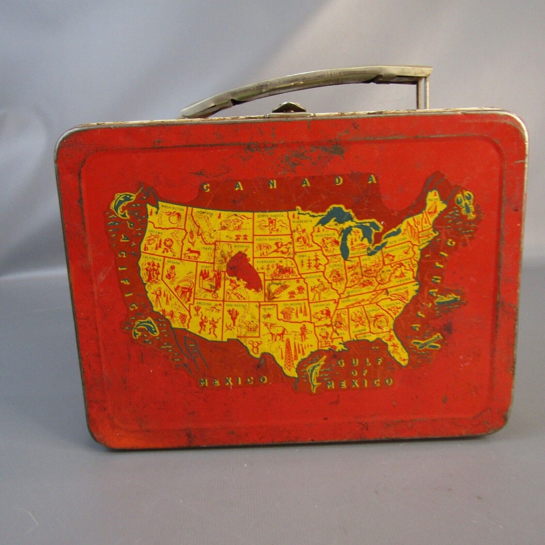 Vintage USA Map of America Metal Lunchbox 1954 Universal Kit Lunch Box ...