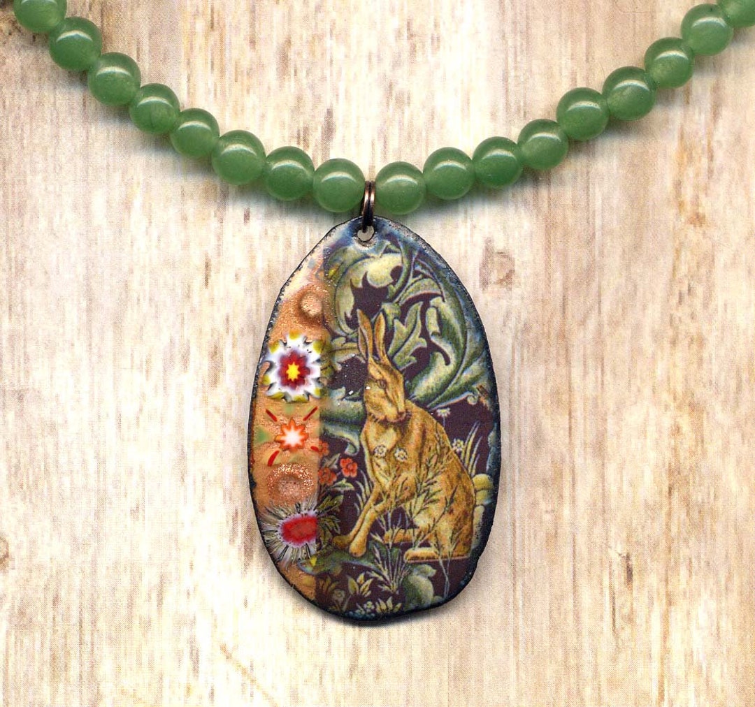 Enamel Bunny Pendant Natural Green Onyx Long Necklace, Statement Heir ...