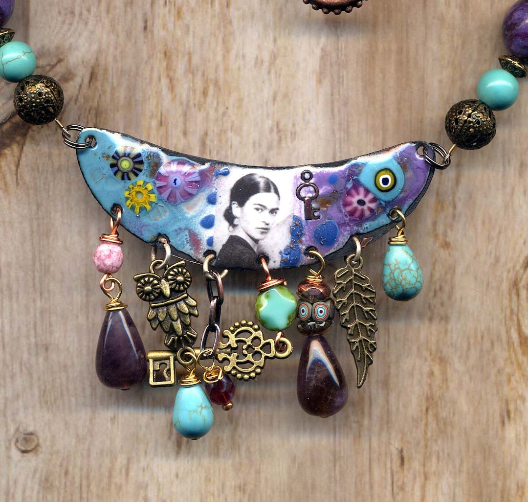 Frida Kahlo Necklace, Huge Frida and Key Unique Enamel Pendant, Long ...
