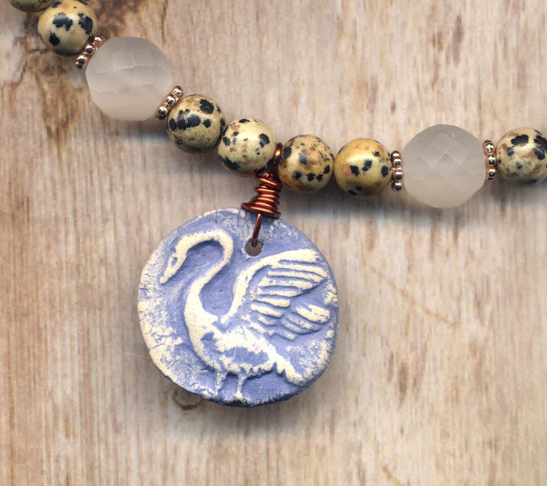 Long Swan Pendant Necklace, Ceramic Bird Family Pendant, Natural ...