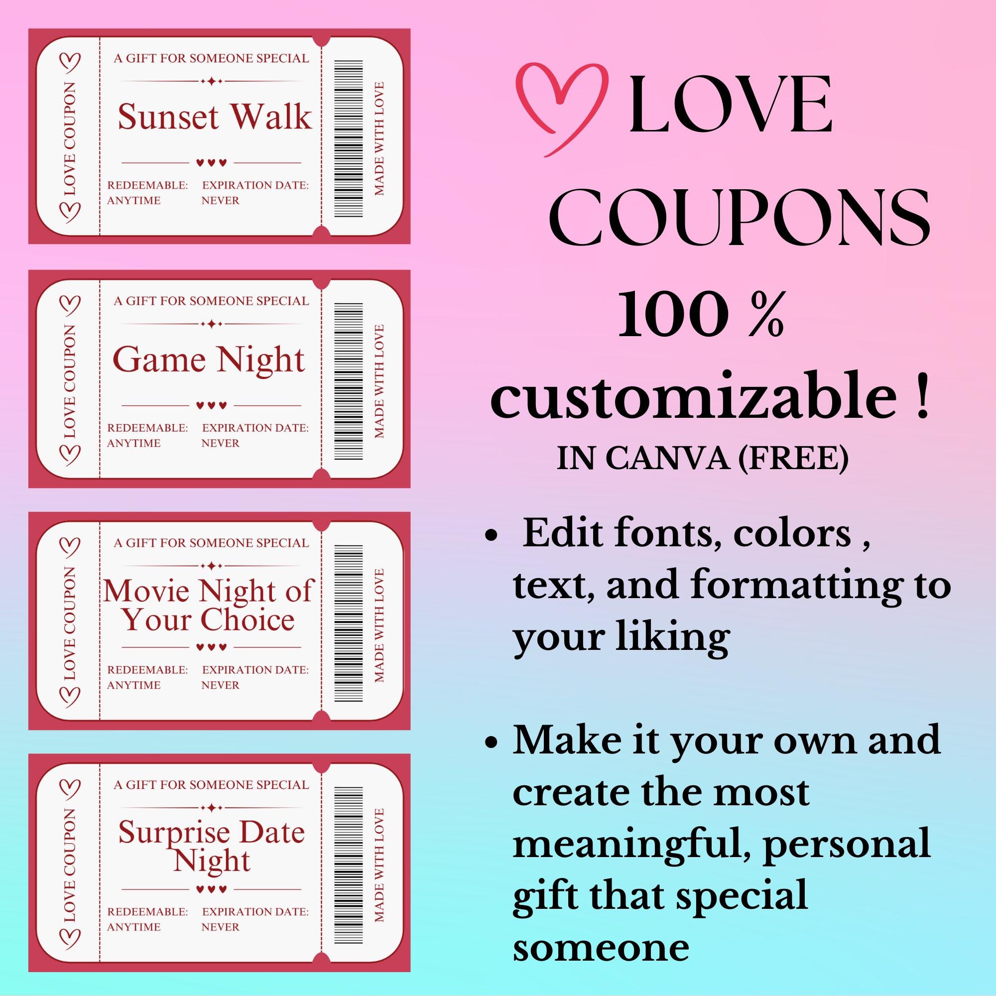 36 Editable Printable Love Coupons, Romantic Gift for Couples, Digital ...