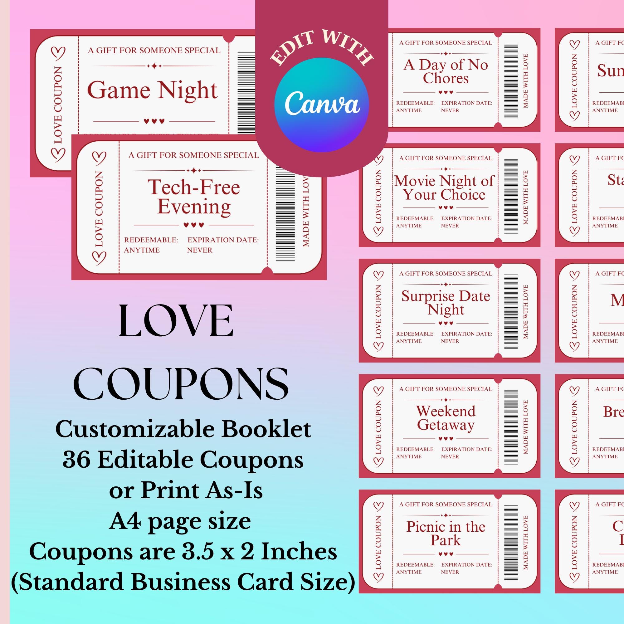36 Editable Printable Love Coupons, Romantic Gift for Couples, Digital ...