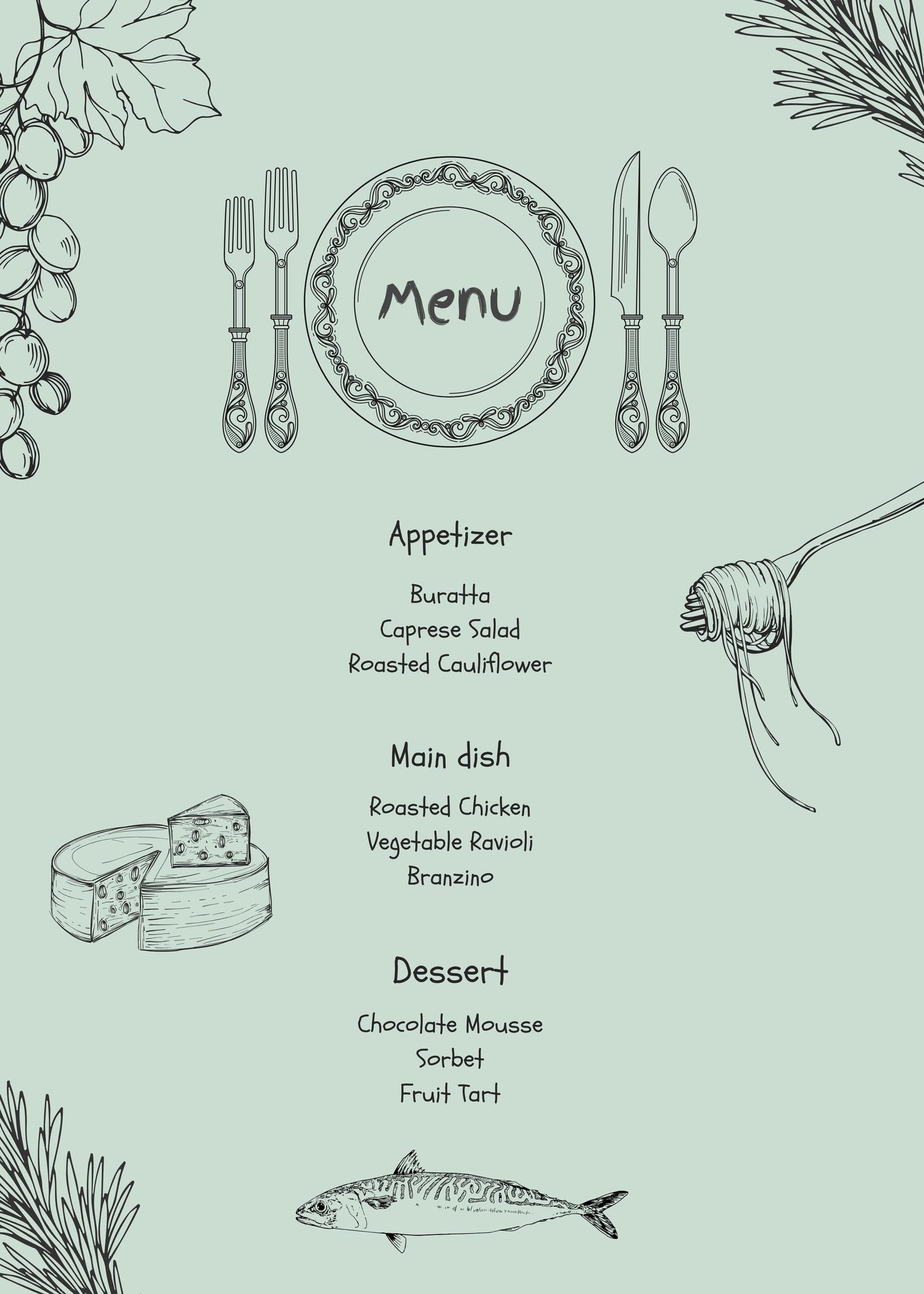 Playful Sage Green Dinner Menu Template - Etsy