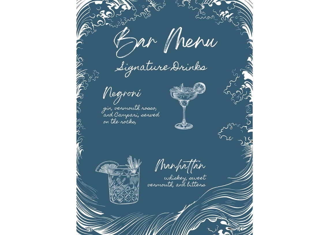 Nautical Blue Wedding Bar Menu Template-coastal-inspired Canva Editable ...