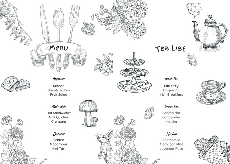 Whimsical Blue & White Afternoon Tea Menu Template - Etsy