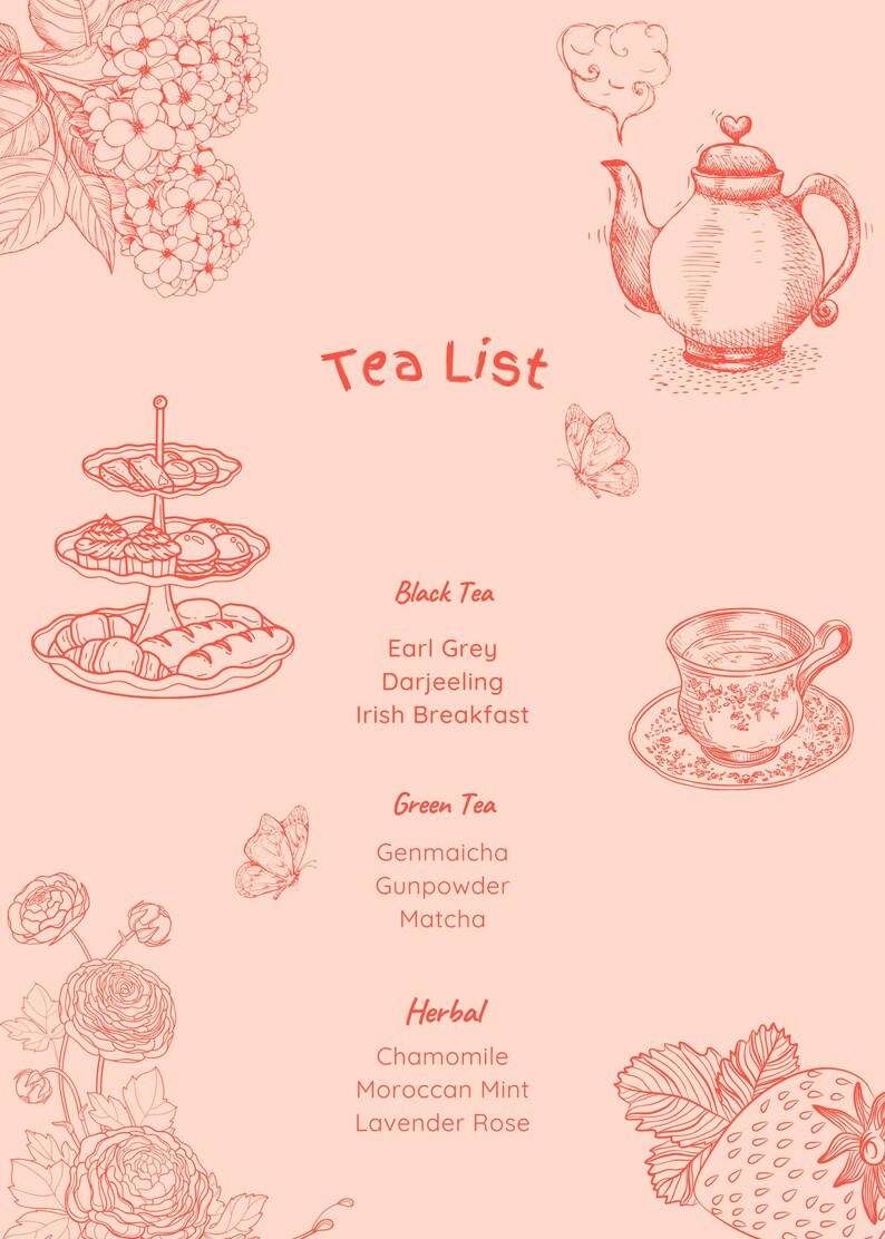 Whimsical Afternoon Tea Menu Template - Etsy Australia