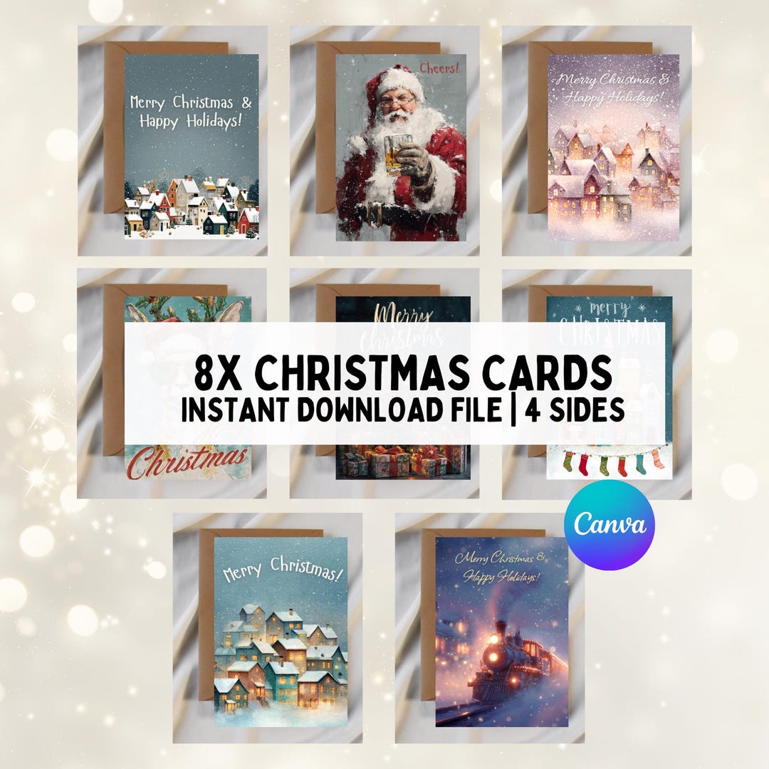 Printable Christmas Cards Bundle - 8 Holiday Greeting Card Templates ...