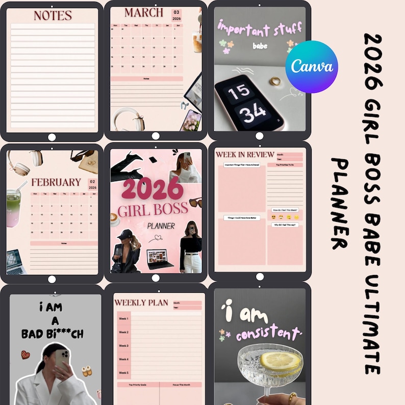 2026 Girl Boss Planner Template – Monthly Aesthetic Editable Calendar ...